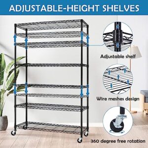 6 Tier Metal Shelving Unit 2100Lb Capacity Adjustable Shelves for Storage, Heavy Duty Wire Shelf with Wheels & Feet 48" L×18" W×72" H Layered Storage Rack for Restaurant Garage Pantry Kitchen Basement