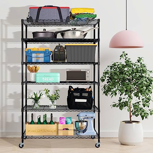 6 Tier Metal Shelving Unit 2100Lb Capacity Adjustable Shelves for Storage, Heavy Duty Wire Shelf with Wheels & Feet 48" L×18" W×72" H Layered Storage Rack for Restaurant Garage Pantry Kitchen Basement