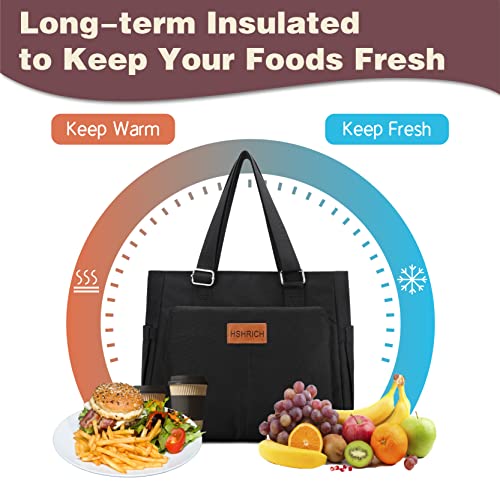 Large Women Lunch Bags for Work/Insulated Adult Lunch Box for Women/Leakproof Cooler Lunch Tote Bag with Storage Pocket. Reusable Lunch Cooler Purse for Picnic Hiking 14L, Black