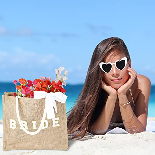 Cunno 3 Pcs Bride Tote Bag Jute Bridesmaid Gift Bag Heart Shaped Sunglasses Ribbon Set for Bachelorette Wedding Gift (Bride)