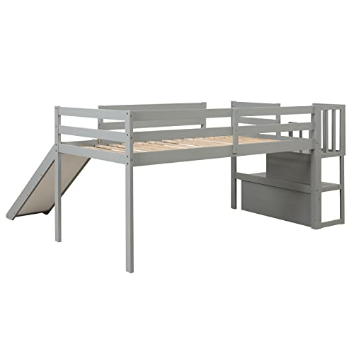 HomSof Twin Loft Bed with Slide Staircase Storage,Full-Length Safety Guardrails for Junior Boys Girls,No Box Spring Needed,Grey