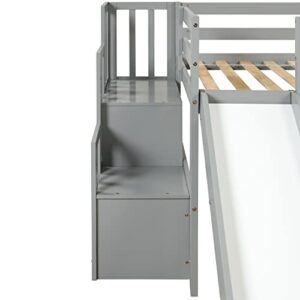 HomSof Twin Loft Bed with Slide Staircase Storage,Full-Length Safety Guardrails for Junior Boys Girls,No Box Spring Needed,Grey