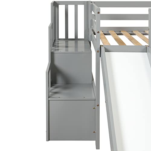 HomSof Twin Loft Bed with Slide Staircase Storage,Full-Length Safety Guardrails for Junior Boys Girls,No Box Spring Needed,Grey