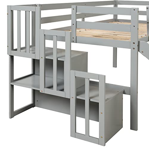 HomSof Twin Loft Bed with Slide Staircase Storage,Full-Length Safety Guardrails for Junior Boys Girls,No Box Spring Needed,Grey