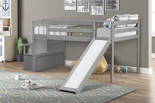 HomSof Twin Loft Bed with Slide Staircase Storage,Full-Length Safety Guardrails for Junior Boys Girls,No Box Spring Needed,Grey