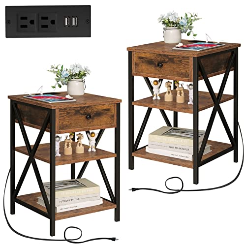 Iwell Nightstand Set of 2 with Charging Station and USB Ports & Outlets, End Table with Drawer & Storage Shelf, Side Table for Bedroom, Rustic Brown