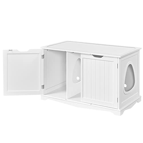 Yaheetech Cat Litter Box Enclosure, Cat Litter Box Furniture Hidden, Wooden Pet Crate Cat Washroom Storage Bench with Divider Home Litter Loo Indoor Cat House White