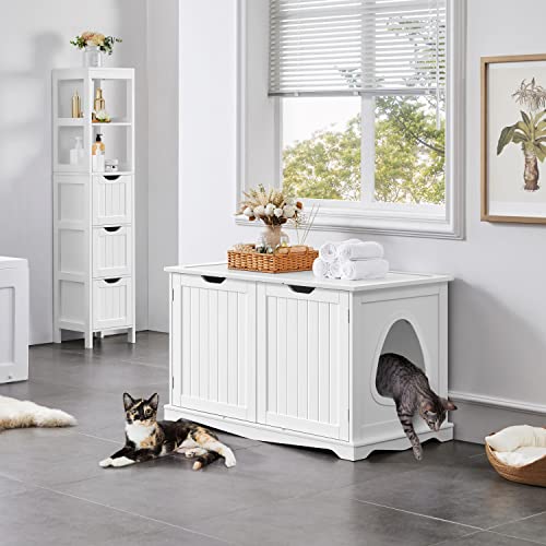 Yaheetech Cat Litter Box Enclosure, Cat Litter Box Furniture Hidden, Wooden Pet Crate Cat Washroom Storage Bench with Divider Home Litter Loo Indoor Cat House White