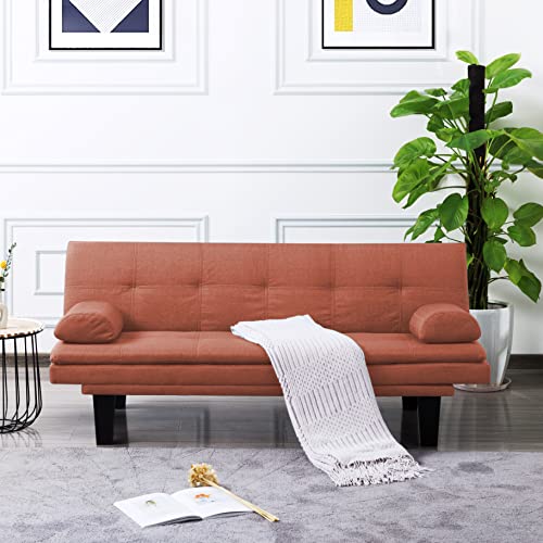 Morhome Futon Bed,63.4” Convertible Sleeper Tapered Wood Legs,Small Splitback Sofa for Living Room,Bedroom,Orange