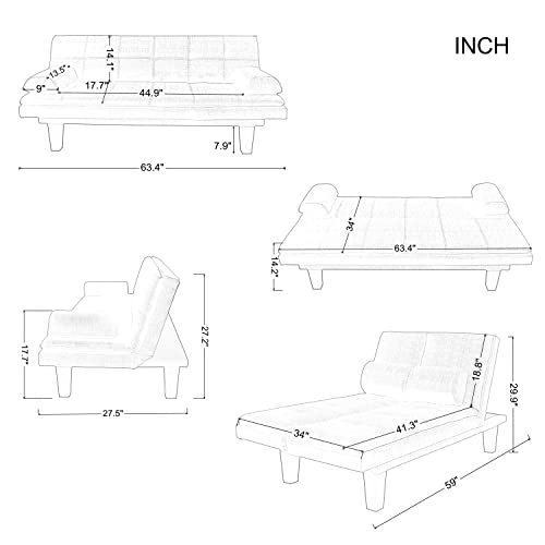 Morhome Futon Bed,63.4” Convertible Sleeper Tapered Wood Legs,Small Splitback Sofa for Living Room,Bedroom,Orange