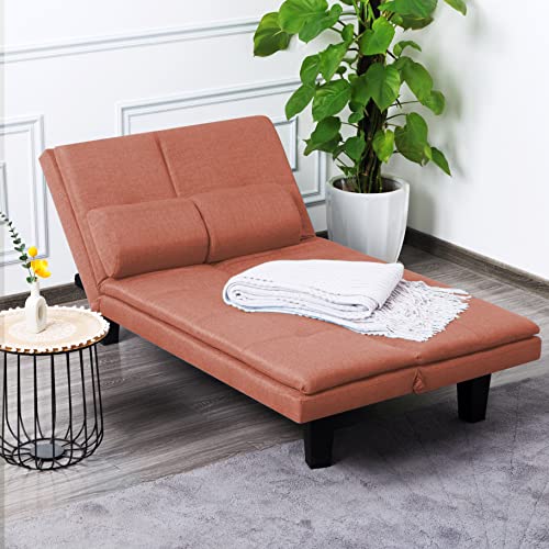 Morhome Futon Bed,63.4” Convertible Sleeper Tapered Wood Legs,Small Splitback Sofa for Living Room,Bedroom,Orange