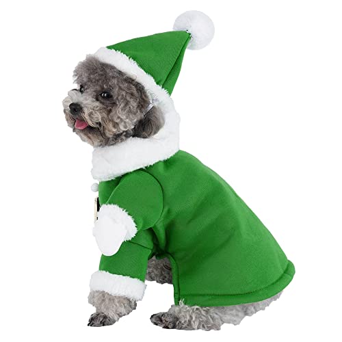 Mogoko Dog Cat Christmas Santa Claus Costume, Funny Pet Cosplay Costumes Suit with Cap, Puppy Fleece Outfits Warm Coat Animal Festival Apparel Clothes Green Size S for Small Breeds Dog