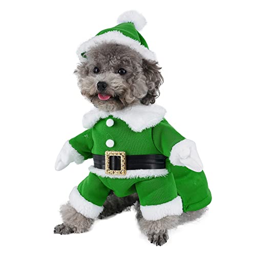 Mogoko Dog Cat Christmas Santa Claus Costume, Funny Pet Cosplay Costumes Suit with Cap, Puppy Fleece Outfits Warm Coat Animal Festival Apparel Clothes Green Size S for Small Breeds Dog