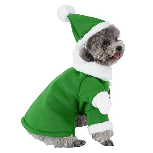 Mogoko Dog Cat Christmas Santa Claus Costume, Funny Pet Cosplay Costumes Suit with Cap, Puppy Fleece Outfits Warm Coat Animal Festival Apparel Clothes Green Size S for Small Breeds Dog