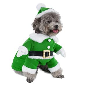 Mogoko Dog Cat Christmas Santa Claus Costume, Funny Pet Cosplay Costumes Suit with Cap, Puppy Fleece Outfits Warm Coat Animal Festival Apparel Clothes Green Size S for Small Breeds Dog