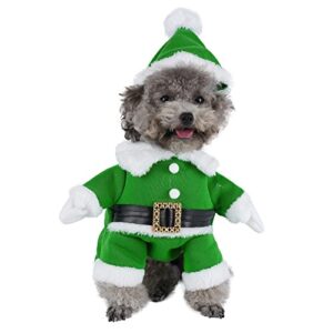 Mogoko Dog Cat Christmas Santa Claus Costume, Funny Pet Cosplay Costumes Suit with Cap, Puppy Fleece Outfits Warm Coat Animal Festival Apparel Clothes Green Size S for Small Breeds Dog