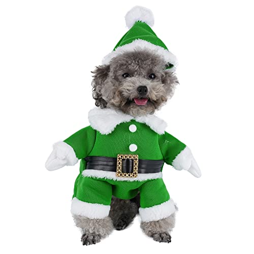 Mogoko Dog Cat Christmas Santa Claus Costume, Funny Pet Cosplay Costumes Suit with Cap, Puppy Fleece Outfits Warm Coat Animal Festival Apparel Clothes Green Size S for Small Breeds Dog