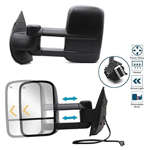 Adanz Towing Mirrors fit for 2007-2014 Chevy Silverado 1500 2500 3500 GMC Sierra Yukon Tahoe Power Heated Manual Telescopic LH RH Tow Mirrors Black Cap