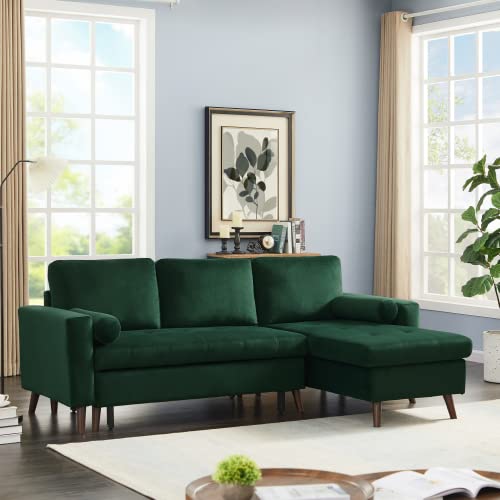 i-POOK 88" Sectional Sofa with Pull-Out Bed, Modern Velvet Upholstered Corner Sofa Bed with Reversible Storage Chaise and 2 Pillows, Mid-Century L-Shaped Sofa for Living Room Office, Green