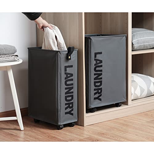 DOKEHOM 22-Inches Slim Laundry Basket on Wheels, Collapsible Rolling Laundry Hamper, Foldable Narrow Corner Clothes Storage Bins (Dark Grey)