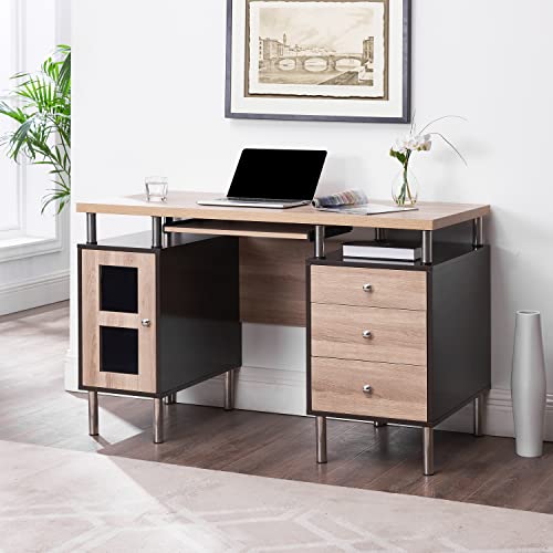 Elsy 3-Drawer File Cabinet Two-Tone Desk with Keyboard Tray, Power Outlets, USB Ports Charging Station, Metal Legs - 47.2" Wood Computer Writing Desk Gaming Sturdy Home Office Desk - Espresso, Natural