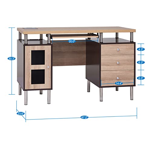 Elsy 3-Drawer File Cabinet Two-Tone Desk with Keyboard Tray, Power Outlets, USB Ports Charging Station, Metal Legs - 47.2" Wood Computer Writing Desk Gaming Sturdy Home Office Desk - Espresso, Natural