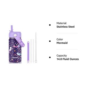 Erimaki 14 Oz Kids Mermaid Purple Water Bottle With Straw Lid And Fidget Handle, Double Walled Vacuum Insulated Tumbler, Cute Stainless Steel Metal Bottles Gift For Girl Child Sport School Travel Bulk