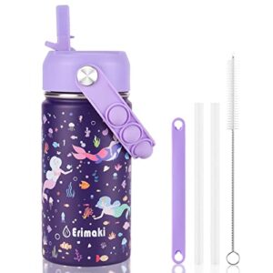 erimaki 14 oz kids mermaid purple water bottle with straw lid and fidget handle, double walled vacuum insulated tumbler, cute stainless steel metal bottles gift for girl child sport school travel bulk