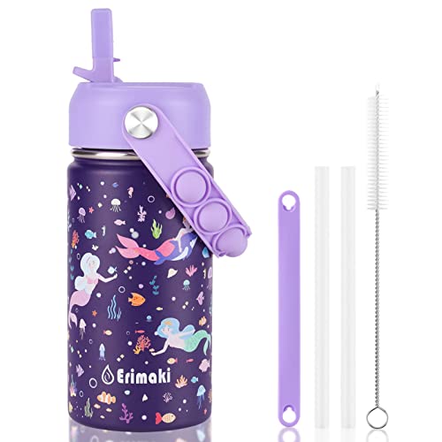 Erimaki 14 Oz Kids Mermaid Purple Water Bottle With Straw Lid And Fidget Handle, Double Walled Vacuum Insulated Tumbler, Cute Stainless Steel Metal Bottles Gift For Girl Child Sport School Travel Bulk