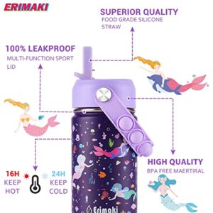 Erimaki 14 Oz Kids Mermaid Purple Water Bottle With Straw Lid And Fidget Handle, Double Walled Vacuum Insulated Tumbler, Cute Stainless Steel Metal Bottles Gift For Girl Child Sport School Travel Bulk