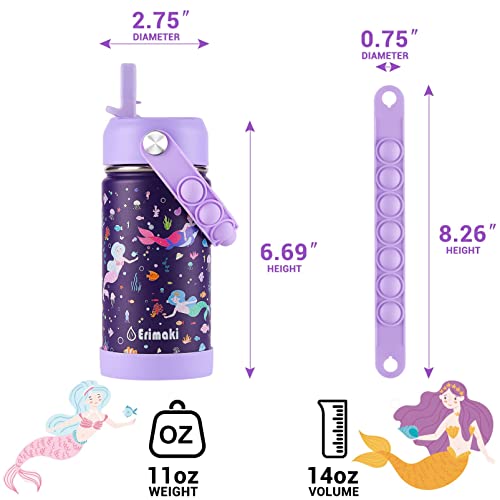 Erimaki 14 Oz Kids Mermaid Purple Water Bottle With Straw Lid And Fidget Handle, Double Walled Vacuum Insulated Tumbler, Cute Stainless Steel Metal Bottles Gift For Girl Child Sport School Travel Bulk