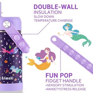 Erimaki 14 Oz Kids Mermaid Purple Water Bottle With Straw Lid And Fidget Handle, Double Walled Vacuum Insulated Tumbler, Cute Stainless Steel Metal Bottles Gift For Girl Child Sport School Travel Bulk