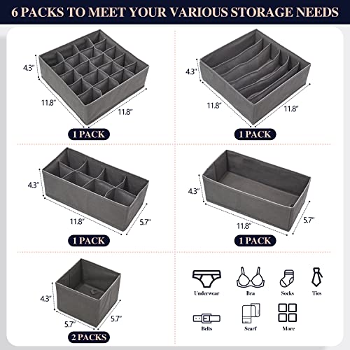 6 Pack Sock Underwear Drawer Organizer, Simple and Practical Foldable Non-Woven Drawer Organizers for Clothing, Suitable for Closet drawer Storage Bra Underwear, Socks, Ties, Belt（Grey）