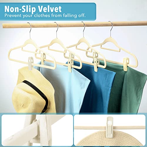 120 Pcs Beige Velvet Hangers Clips Strong Non Slip Velvet Pants Hangers Flocked Clothes Clips Baby Finger Clips for Kids Adults Suit Skirt Clothes Thin Slim Felt Hangers