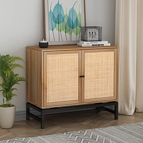 Storage Cabinet with Rattan Doors,Rattan Sideboard Buffet Cabinet with 2-Tier Shelf 3 Adjustable Holes,Kitchen Cupboard Console Table with Iron Bracket up to 99Lbs for Dining Room,Living Room(Beige)