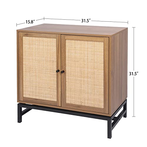 Storage Cabinet with Rattan Doors,Rattan Sideboard Buffet Cabinet with 2-Tier Shelf 3 Adjustable Holes,Kitchen Cupboard Console Table with Iron Bracket up to 99Lbs for Dining Room,Living Room(Beige)