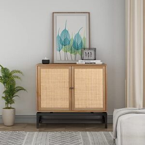 Storage Cabinet with Rattan Doors,Rattan Sideboard Buffet Cabinet with 2-Tier Shelf 3 Adjustable Holes,Kitchen Cupboard Console Table with Iron Bracket up to 99Lbs for Dining Room,Living Room(Beige)