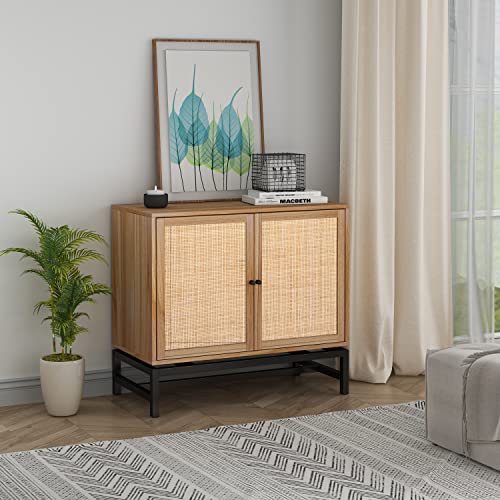 Storage Cabinet with Rattan Doors,Rattan Sideboard Buffet Cabinet with 2-Tier Shelf 3 Adjustable Holes,Kitchen Cupboard Console Table with Iron Bracket up to 99Lbs for Dining Room,Living Room(Beige)