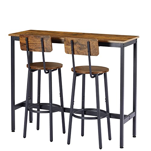 GNIXUU 3 Piece Pub Dining Set, 43" Rectangular Bar Bistro Table and 2 Bar Stools with Backrest, Industrial Wood Breakfast Table Set for Kitchen Nook, Apartment, Small Space(3, 43Inch)