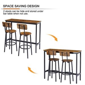 GNIXUU 3 Piece Pub Dining Set, 43" Rectangular Bar Bistro Table and 2 Bar Stools with Backrest, Industrial Wood Breakfast Table Set for Kitchen Nook, Apartment, Small Space(3, 43Inch)