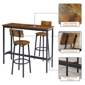 GNIXUU 3 Piece Pub Dining Set, 43" Rectangular Bar Bistro Table and 2 Bar Stools with Backrest, Industrial Wood Breakfast Table Set for Kitchen Nook, Apartment, Small Space(3, 43Inch)