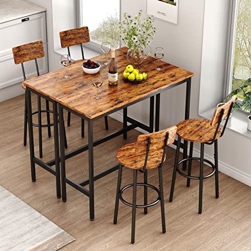 GNIXUU 3 Piece Pub Dining Set, 43" Rectangular Bar Bistro Table and 2 Bar Stools with Backrest, Industrial Wood Breakfast Table Set for Kitchen Nook, Apartment, Small Space(3, 43Inch)