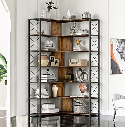 7-Tier Corner Bookshelf, Home Office Bookshelf, L-Shaped Corner Bookcase with Metal Frame, Industrial Style Shelf with Open Storage, MDF Board (Brown)