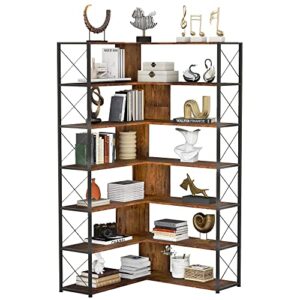 7-Tier Corner Bookshelf, Home Office Bookshelf, L-Shaped Corner Bookcase with Metal Frame, Industrial Style Shelf with Open Storage, MDF Board (Brown)