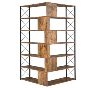 7-Tier Corner Bookshelf, Home Office Bookshelf, L-Shaped Corner Bookcase with Metal Frame, Industrial Style Shelf with Open Storage, MDF Board (Brown)