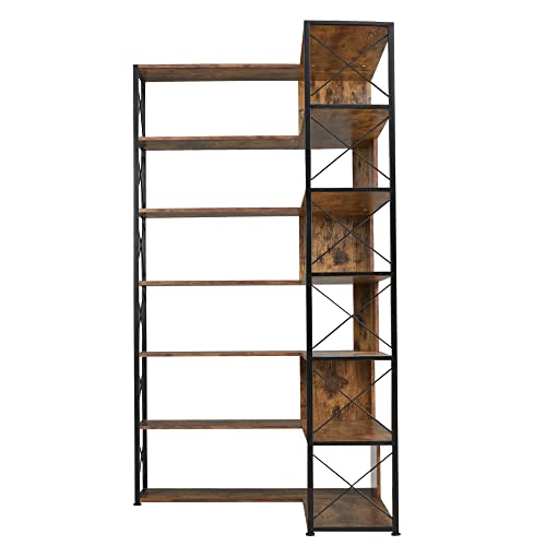 7-Tier Corner Bookshelf, Home Office Bookshelf, L-Shaped Corner Bookcase with Metal Frame, Industrial Style Shelf with Open Storage, MDF Board (Brown)