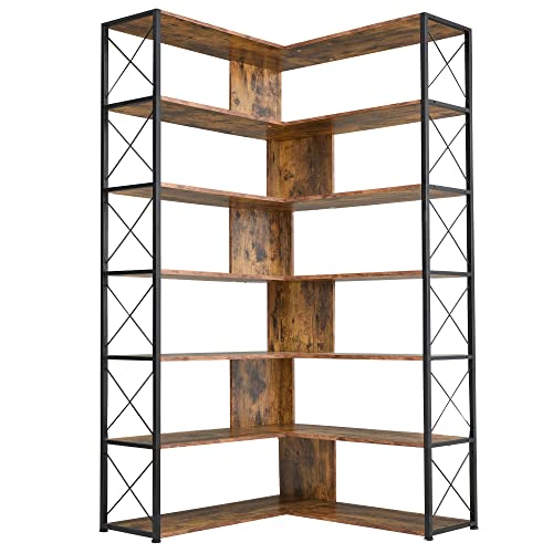 7-Tier Corner Bookshelf, Home Office Bookshelf, L-Shaped Corner Bookcase with Metal Frame, Industrial Style Shelf with Open Storage, MDF Board (Brown)