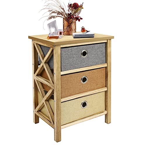 ECOMEX Nightstand with 3 Drawers, Bedroom Nightstand Small Dresser with Wood Top, Easy Pull Fabric Bins, Organizer Storage Unit for Home Office, Bedroom, Light Burnt