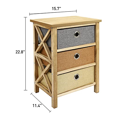 ECOMEX Nightstand with 3 Drawers, Bedroom Nightstand Small Dresser with Wood Top, Easy Pull Fabric Bins, Organizer Storage Unit for Home Office, Bedroom, Light Burnt