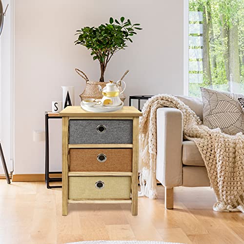 ECOMEX Nightstand with 3 Drawers, Bedroom Nightstand Small Dresser with Wood Top, Easy Pull Fabric Bins, Organizer Storage Unit for Home Office, Bedroom, Light Burnt